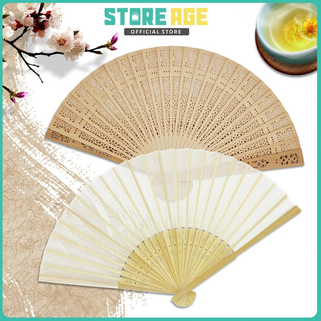Store Age [12pcs] Wooden & Cloth Hand Fan | Sandalwood Fan, Folding Fan ...