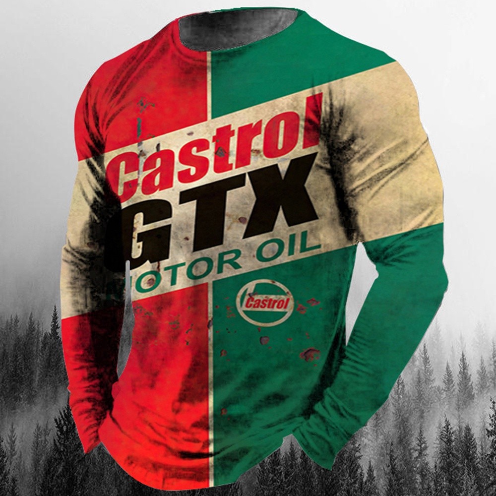 Vintage Men's T Shirt Long Sleeve Cotton Top Tees Castrol Oil Graphic ...