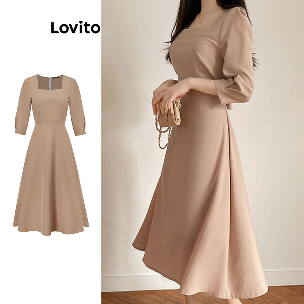 Lovito Casual Plain Pleated A Line Dress for Women L77ED366 Lovito Gaun ...