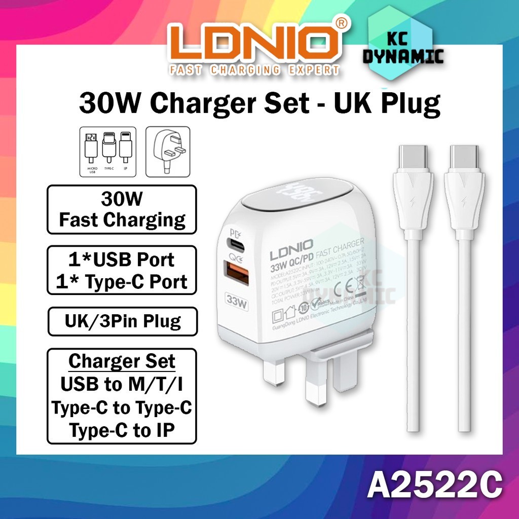 LDNIO A2522C 30W Charger Set Fast Charging Charger Adapter Type-C Micro ...