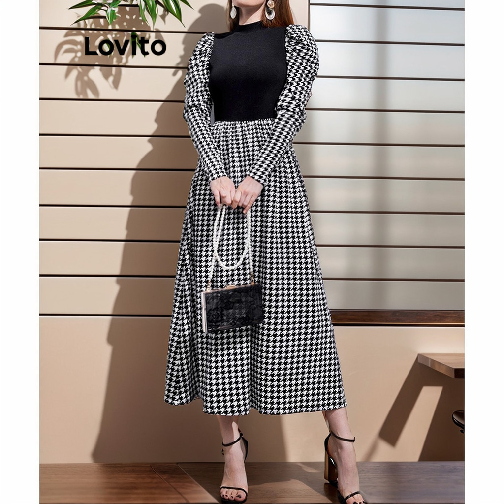 Lovito Elegant Houndstooth Colorblock Dress for Women LBL11462 Lovito ...