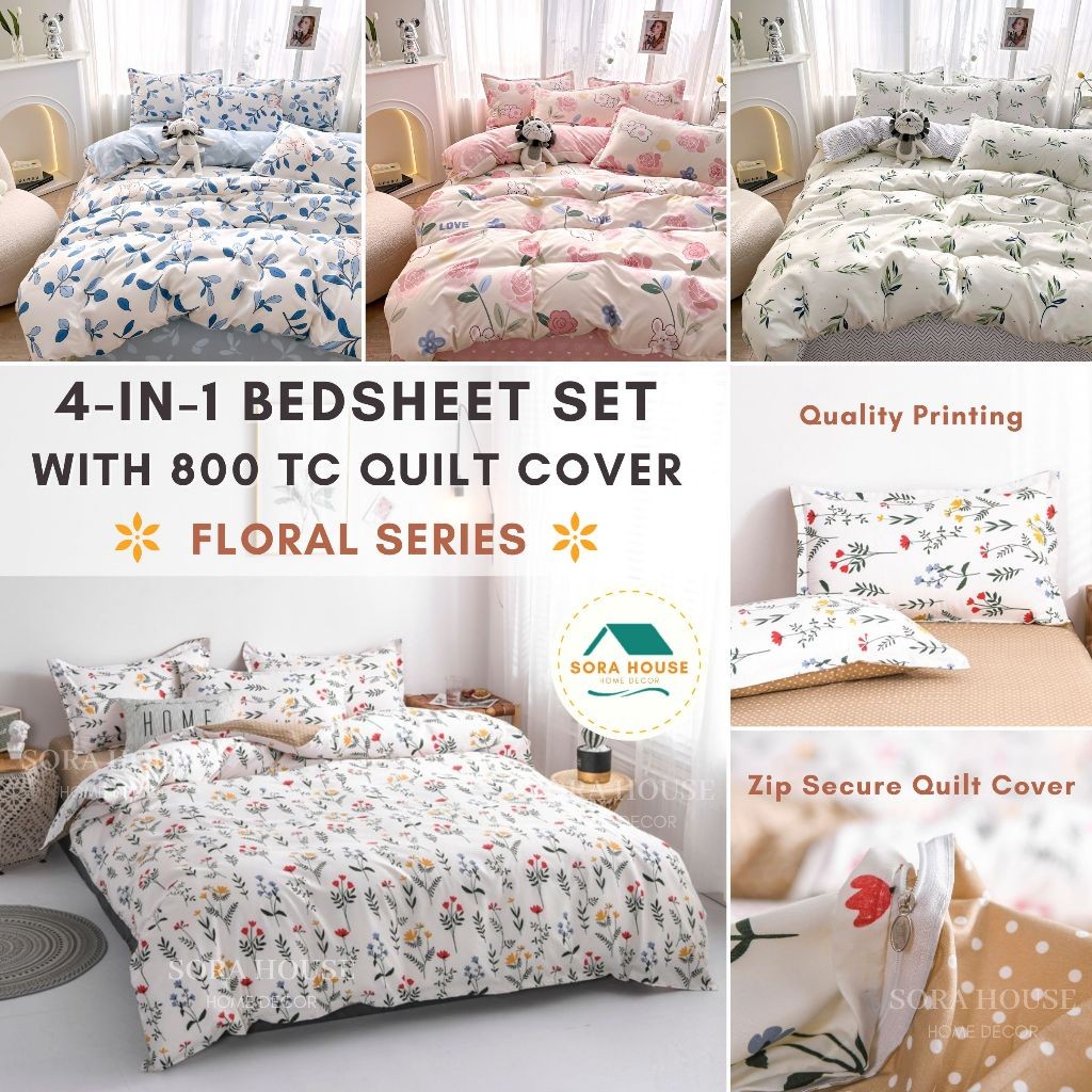 [BAC🌼] SORA Hotel FLORAL Quilt Cover Bedsheet Set Single Queen Pillow ...