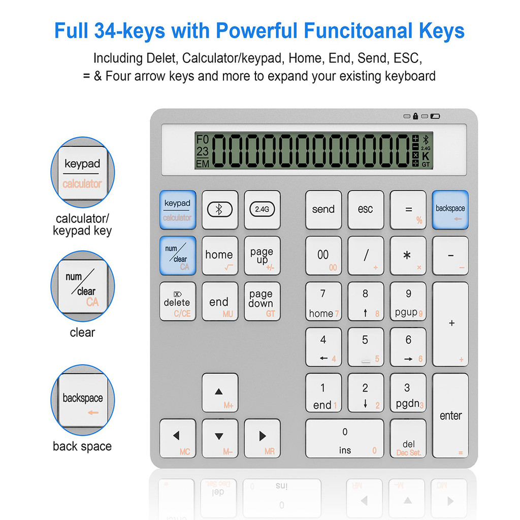 JOMAA Bluetooth 2.4G Wireless Numeric Keyboard with Display Calculator ...