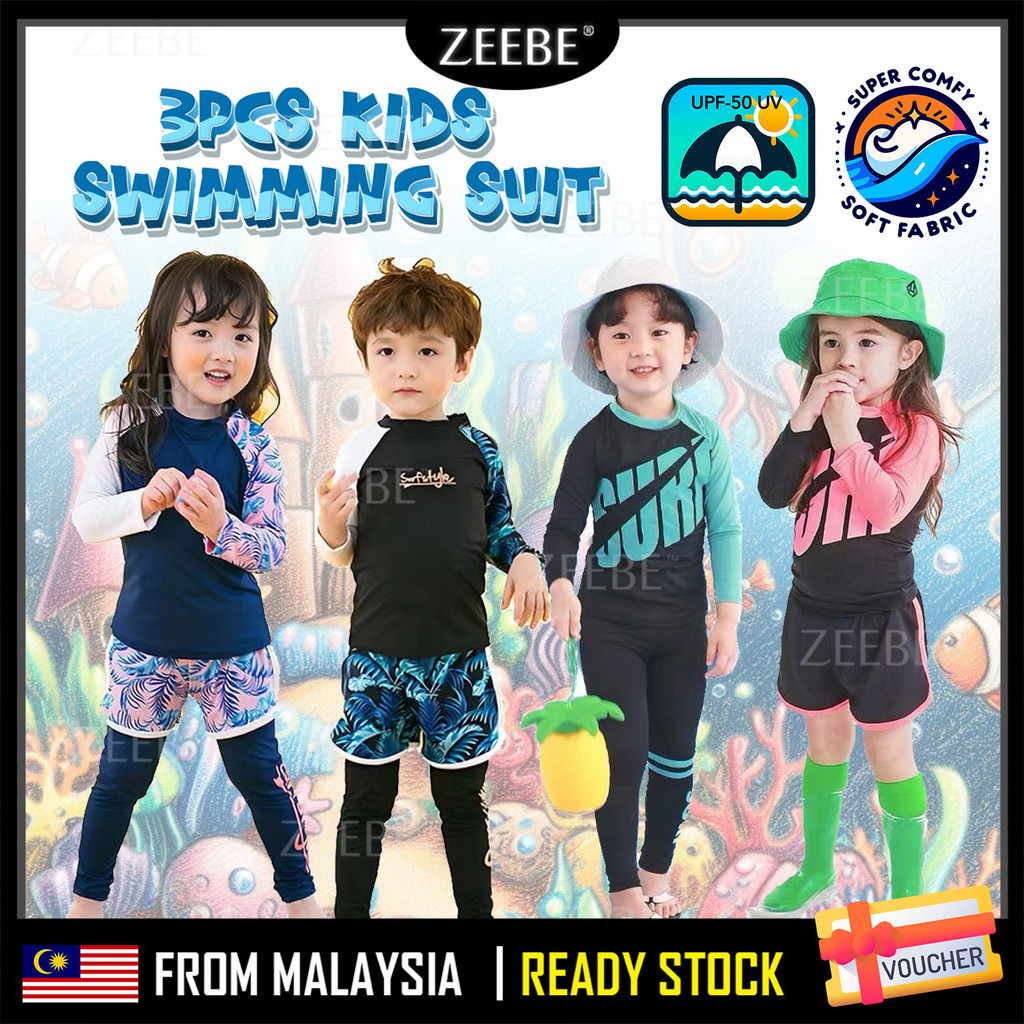 ZEEBE 3Pcs Kids Boy Girl Swimming Suit Long Sleeve Swimsuit Swimwear ...