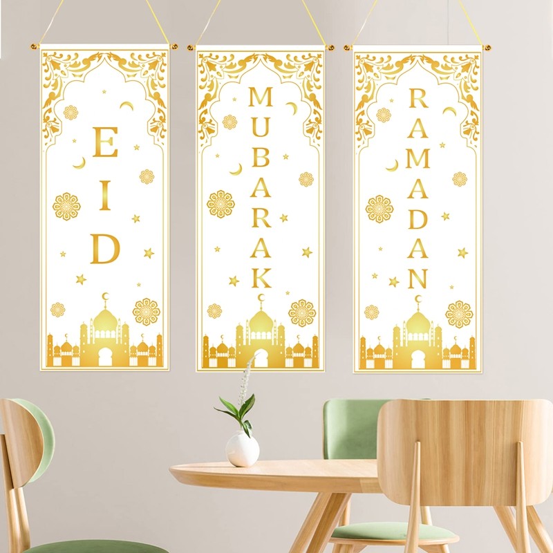 3PCS White Gold Eid Mubarak Hanging Flag Hari Raya Decorations 2025 ...