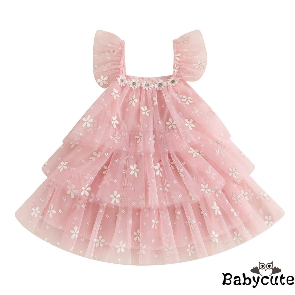 BBY-Girl Summer Tulle Dress Daisy Print Flying Sleeve Square Neck A ...