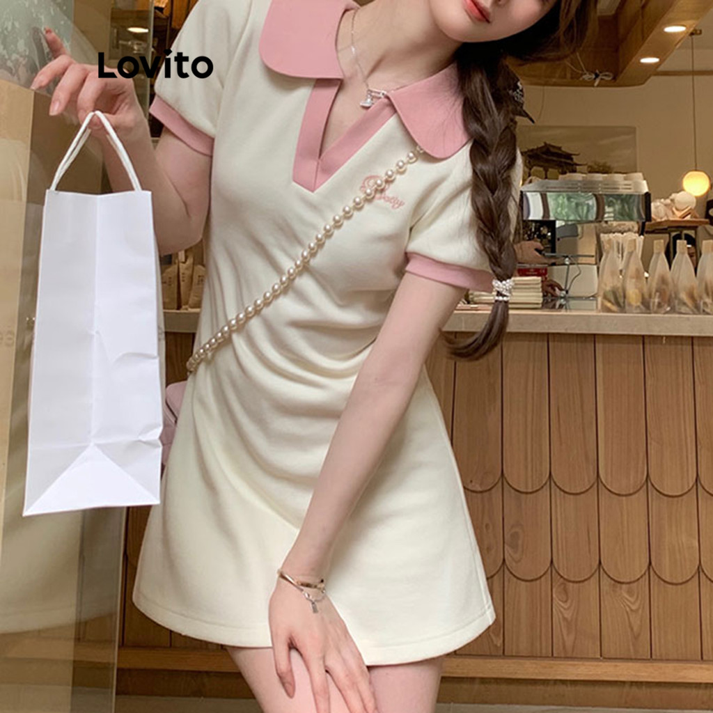 Lovito Casual Dress Plain Colorblock Embroidery Dress for Women ...