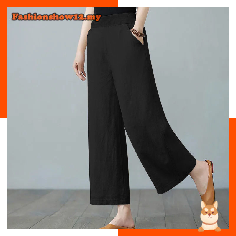 Baggy Pants Women Straight Cut Slack Cotton Linen High Waist Palazzo ...