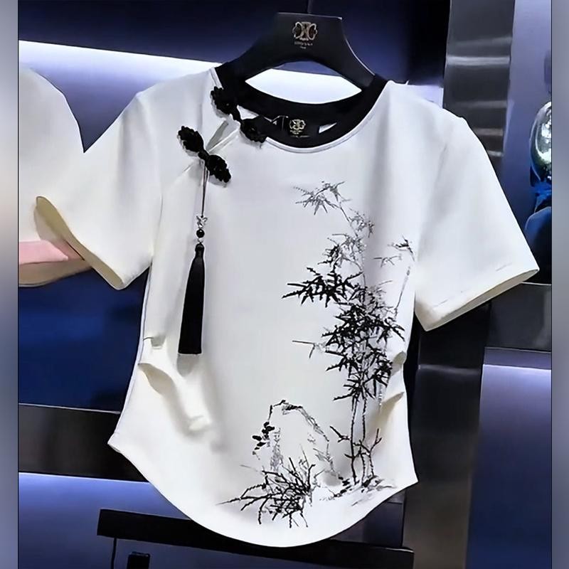 Hot Diamond Ink Bamboo Short Sleeve T-Shirt Women's 2025 Retro Short ...