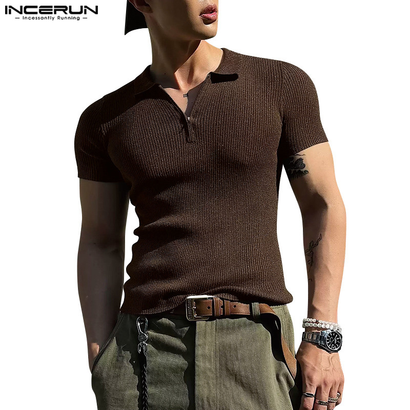 INCERUN Men Korean Fashionable Solid Color Stripe Zipper Lapel POLO ...