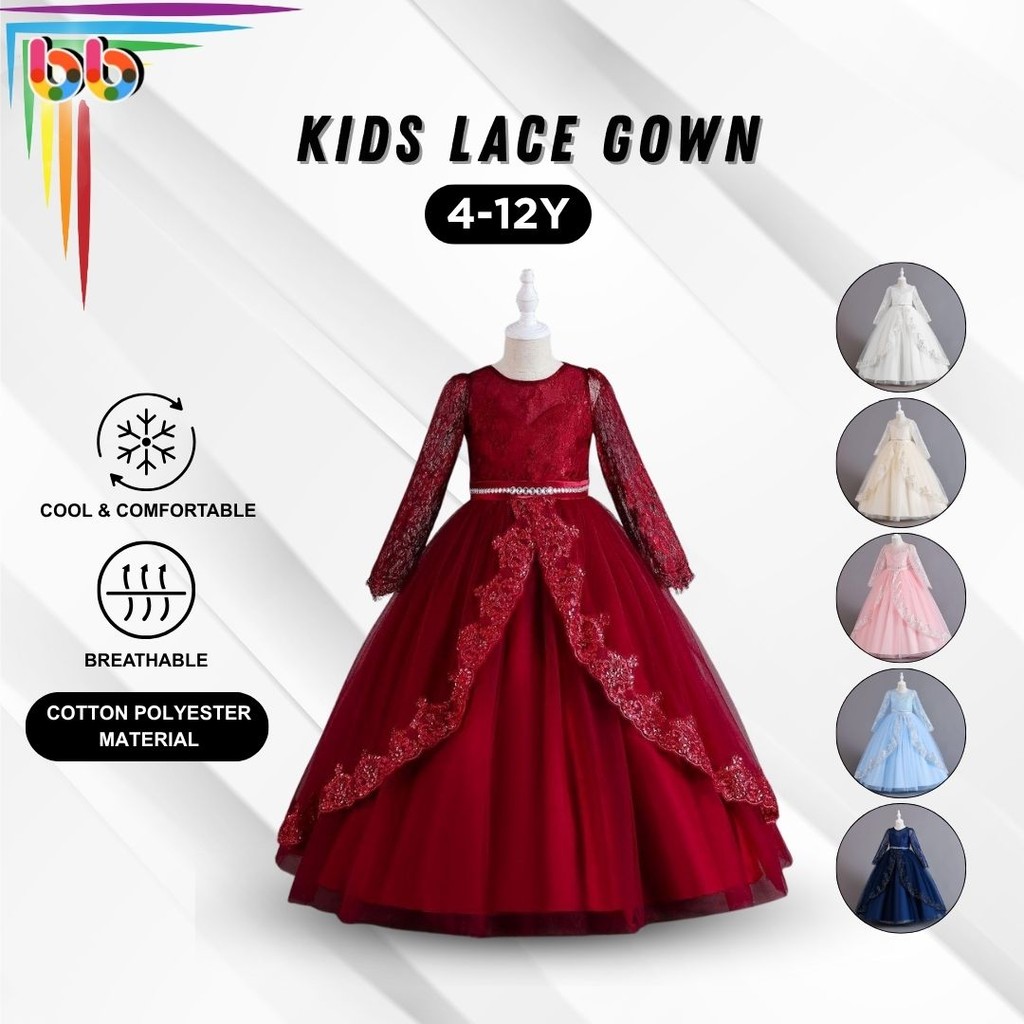 Gaun Puteri Budak Perempuan Lace Labuh Berlengan Panjang untuk Parti ...