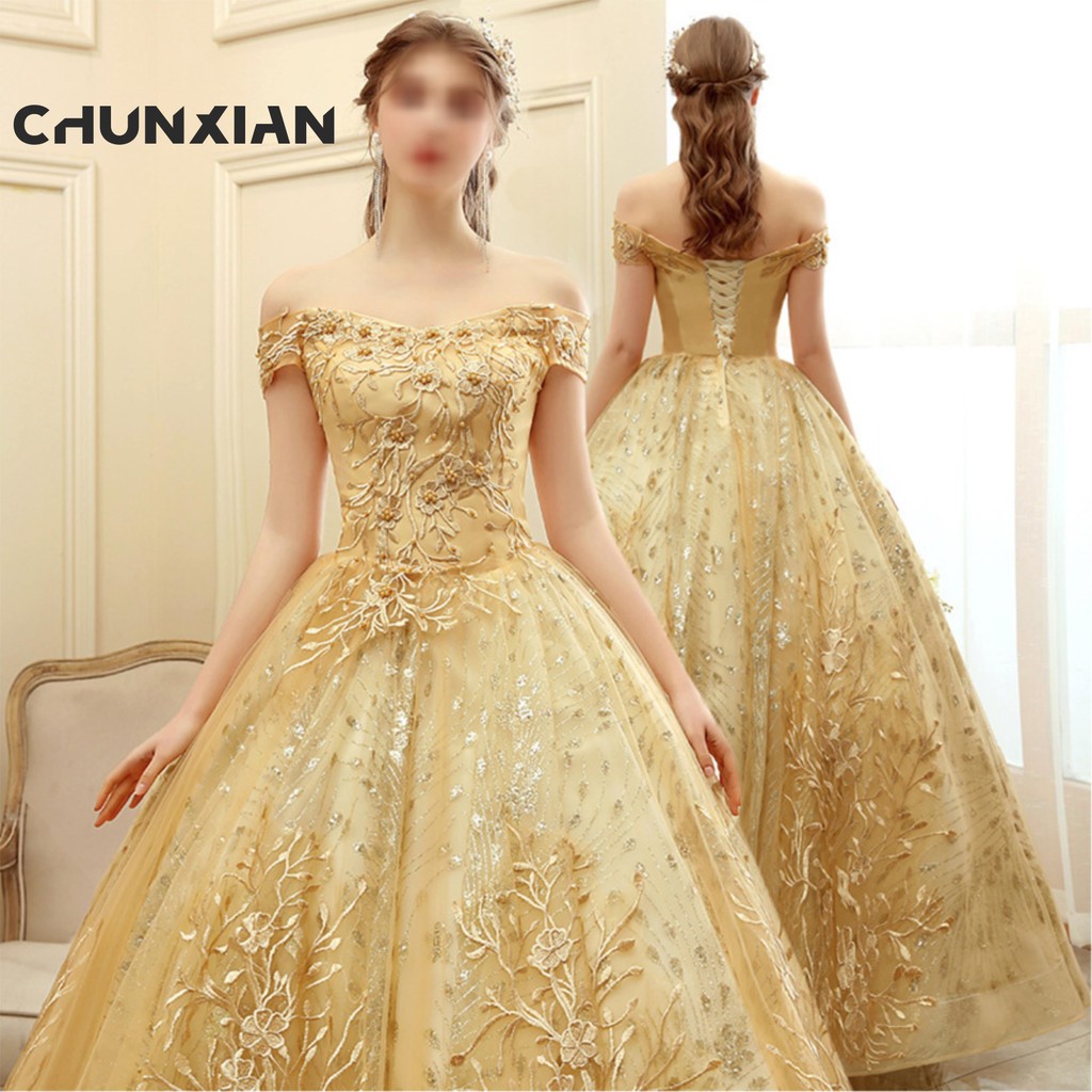 Free Cancan Gold Full Dress Dinner Prom Ball Gown Lace Long Evening ...