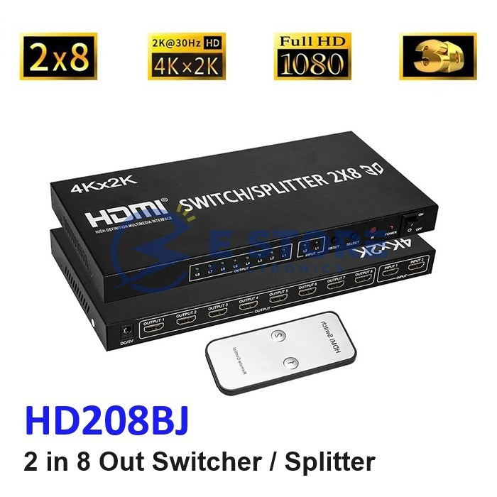 2X8 HDMI Splitter, Full HD 4K Video HDMI Switcher 2x8 Split 2 in 8 Out ...