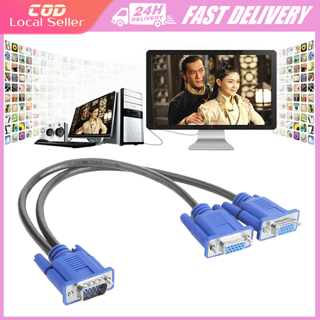 Blue VGA Y Cable Adapter Cable 1 one Male to 2 Dual VGA Female Converter Splitter 27cm VGA ...