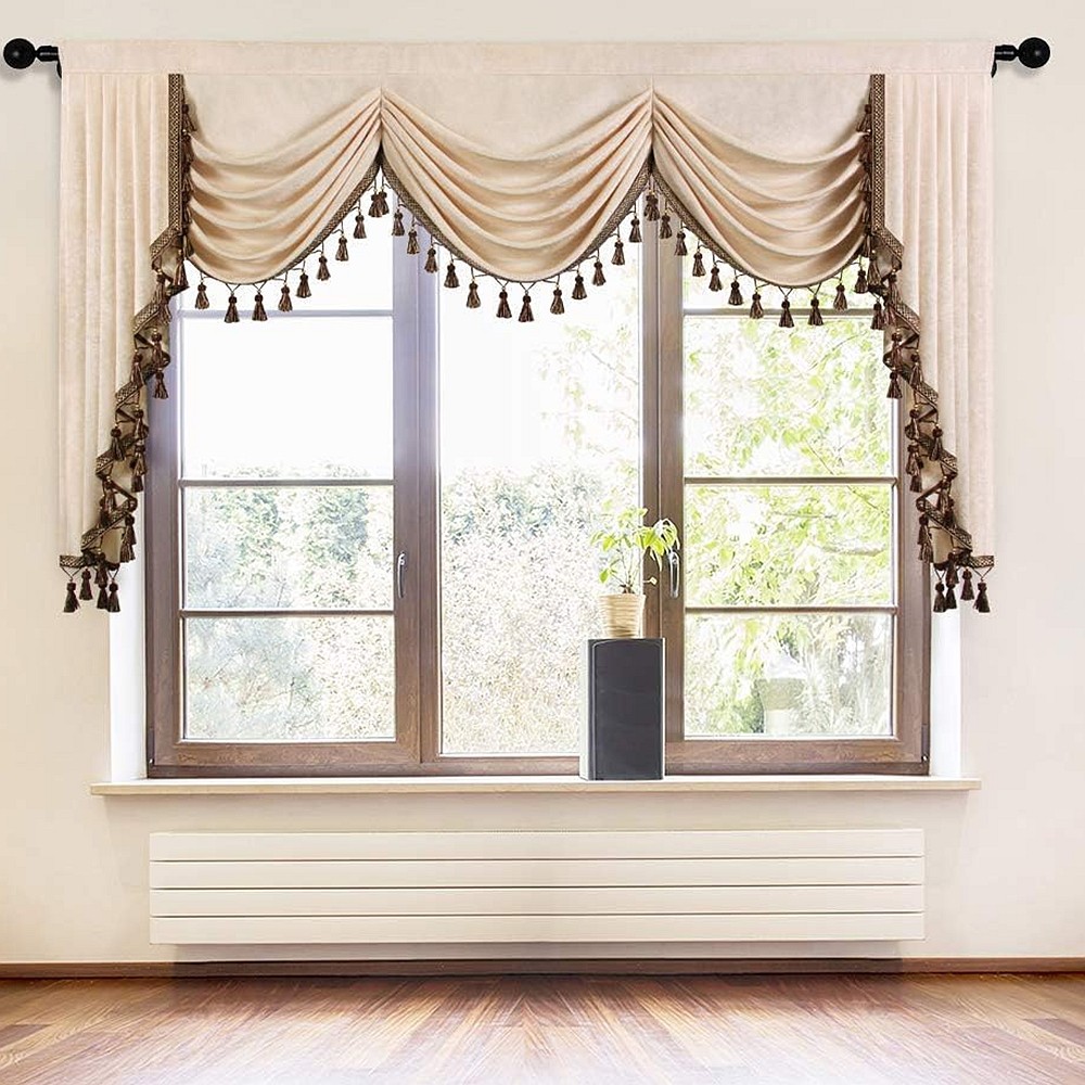 Solid Beige Brown Double-Sided Chenille Waterfall Valance for Living ...
