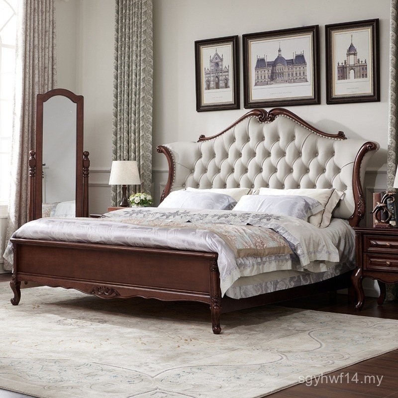 Katil Kayu Pepejal Gaya Desa Amerika dengan Upholsteri Kulit Tulen ...