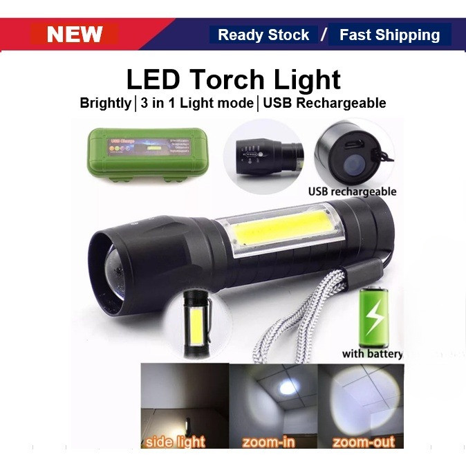 USB Torchlight with Clip 3 Mode LED Rechargeable Handheld Flash Light ...