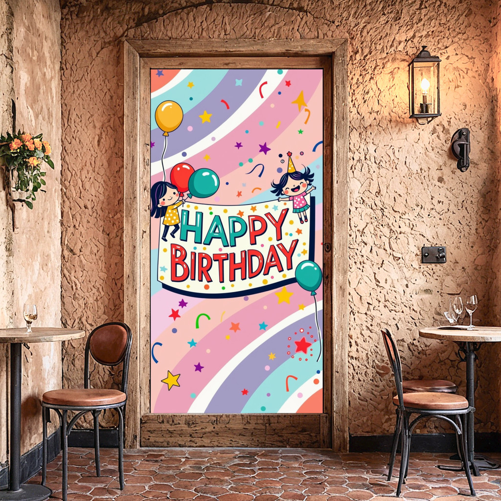 Colorful Birthday Celebration Backdrop with Balloons and Stars Large ...