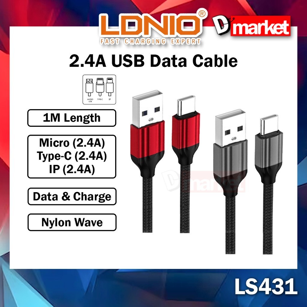 LDNIO LS431 2.4A Cable USB Cable Mobile Cable Charging Cable Micro IP Type-C LDNIO Cable 1m ...