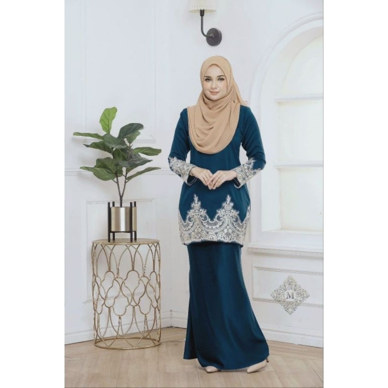 BAJU RAYA 2025 SET COUPLE TEAL BLUE LACE BAJU KURUNG MODEN KEBAYA ...