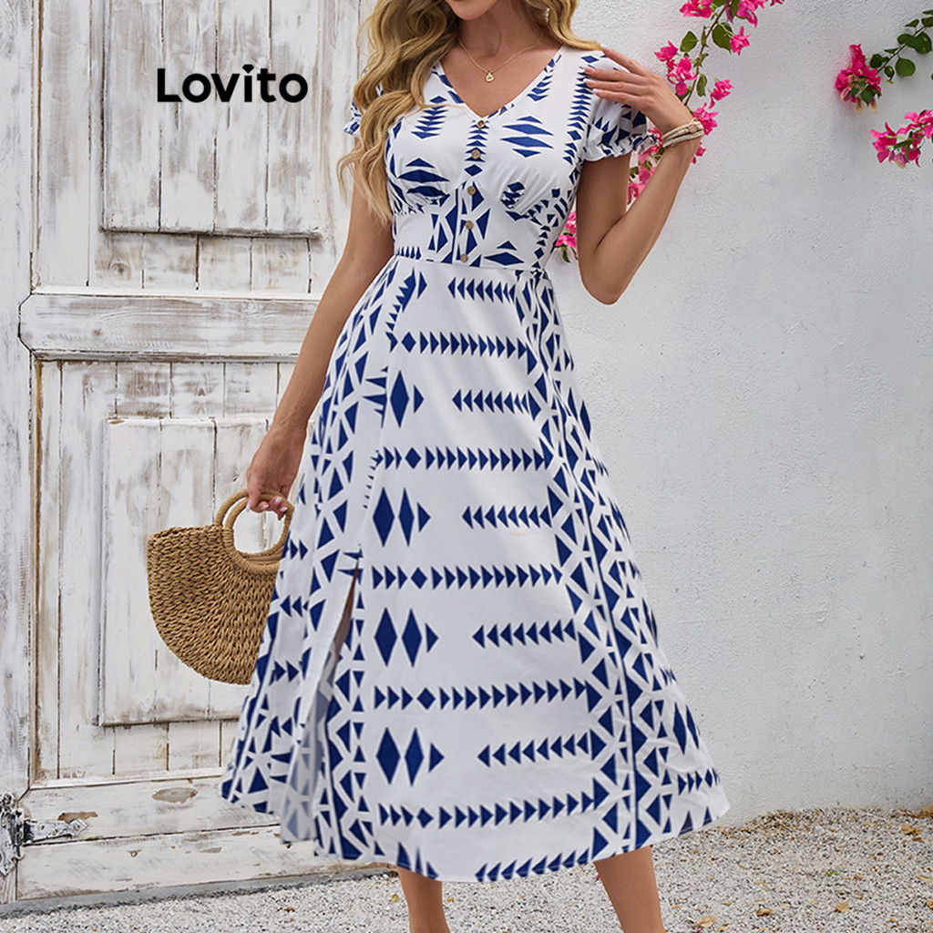 Lovito Boho Geometric Pattern Dress for Women LBL18183 | Shopee Malaysia
