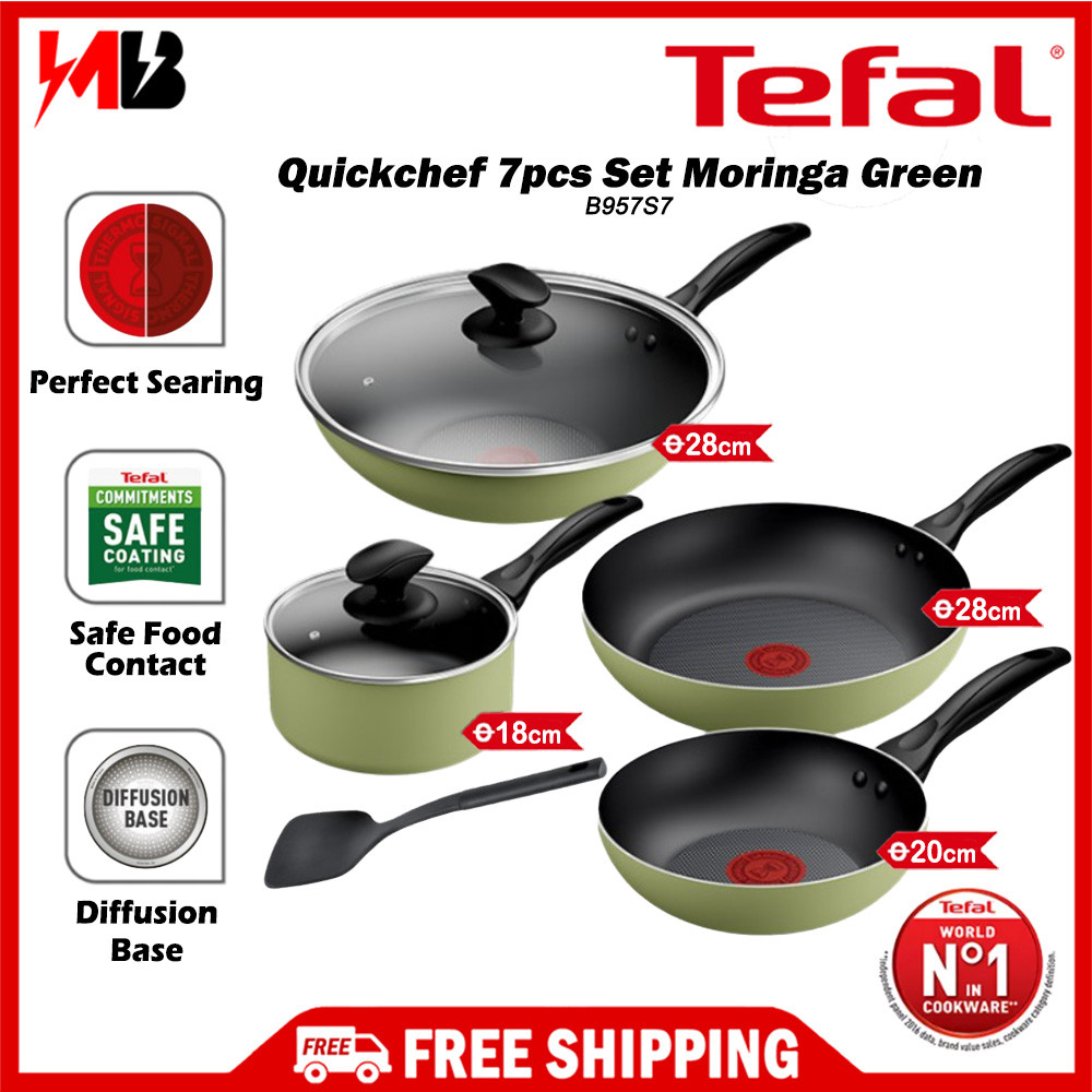 Tefal Quickchef 7 Pcs Set (Moringa Green) B957S7 Cookware Set Pans ...