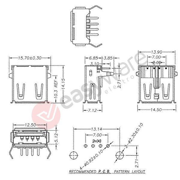 Socket USB A Female Jack Port Socket Connector - USB A PCB 4 Pin ...