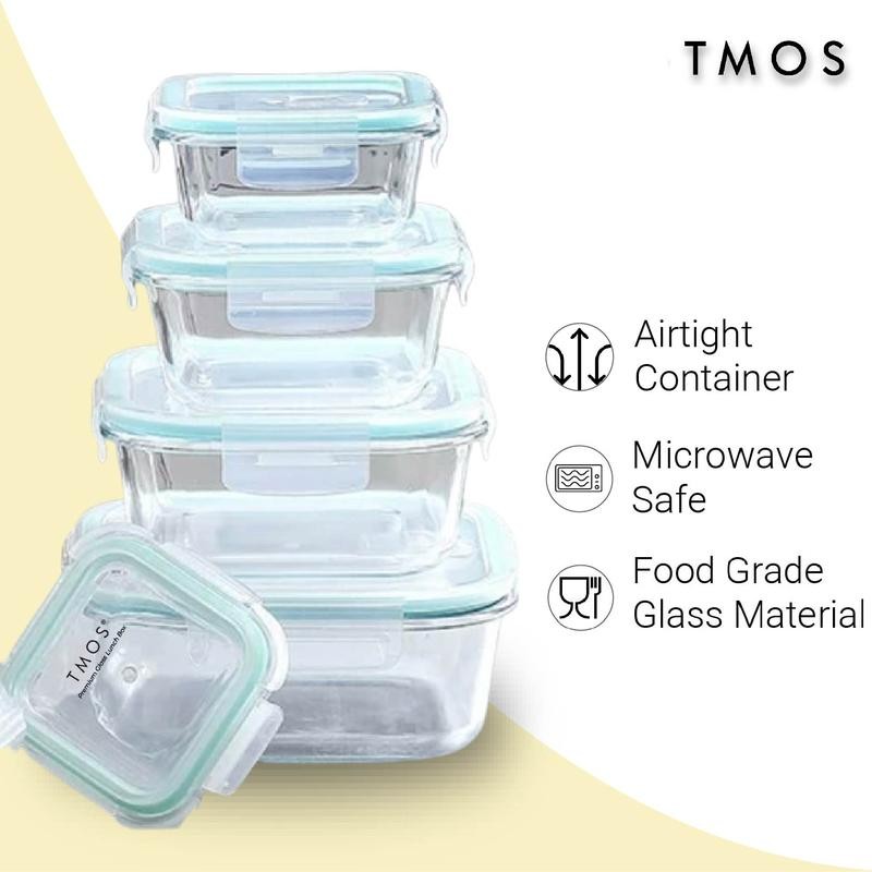 TMOS Lunch Box Borosilicate Glass Container Lock Heat Resistance Airtight Microwavable Anti ...