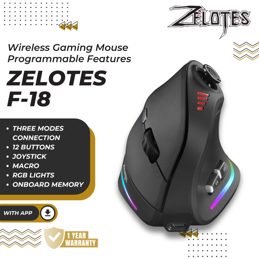 ZELOTES F18 Vertical Gaming Mouse 3 Modes Joystick RGB Ergonomic ...