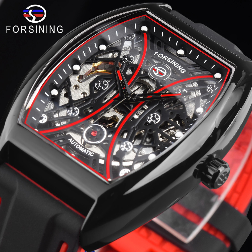 Forsining Skeleton Self Winding Black Red Wristwatch Men's Mechanical ...