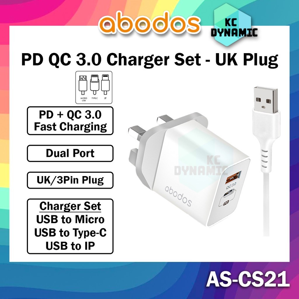 Abodos AS-CS21 PD Fast Charging Charger Set UK Plug Abodos AS-CS258 2 ...