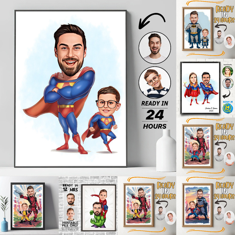 Custom Super Dad and Son Cartoon Portrait, Super Dad Portrait, Dad's ...