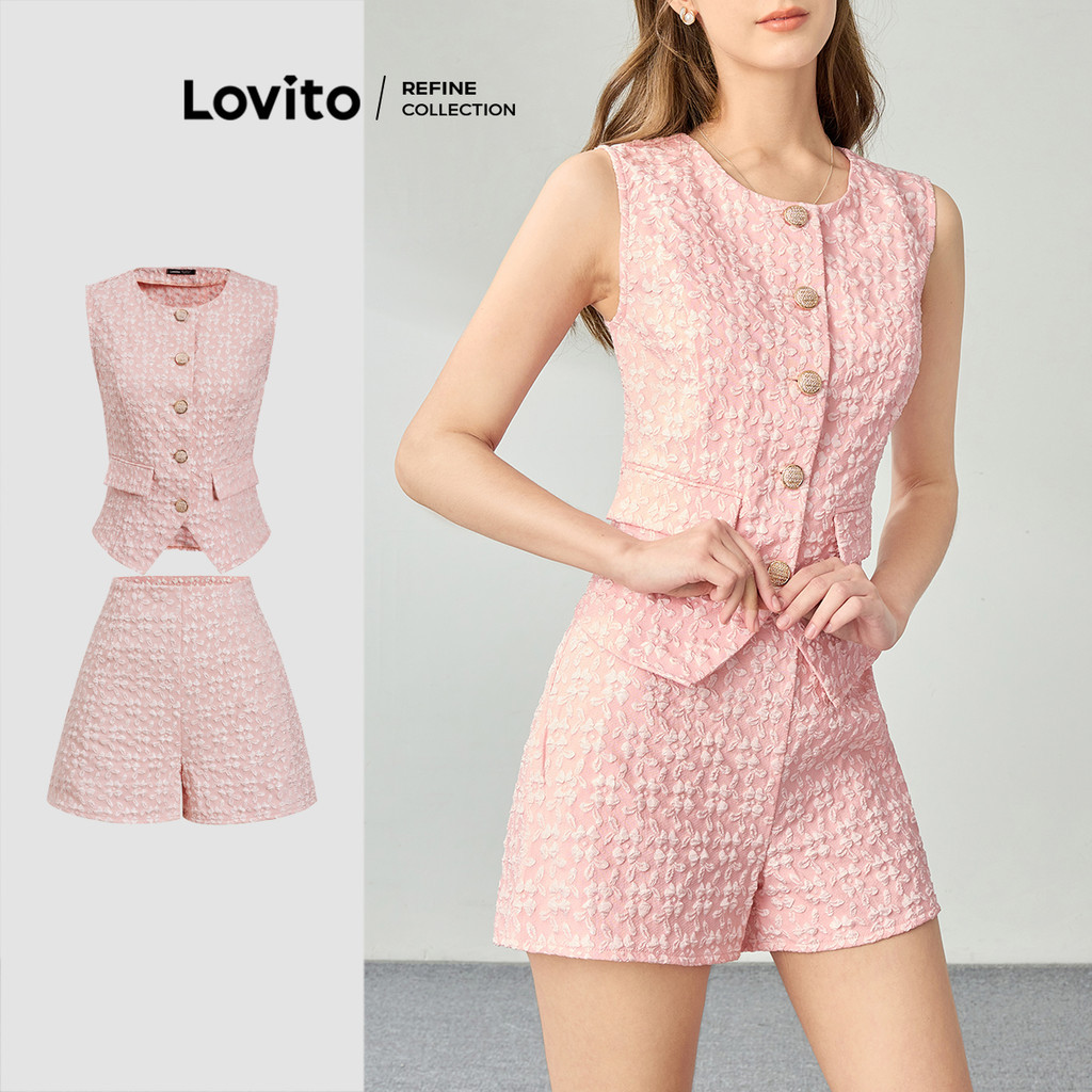 (Lovito Refine) Summer/Spring Shorts Sets Elegant Button Front Fake ...