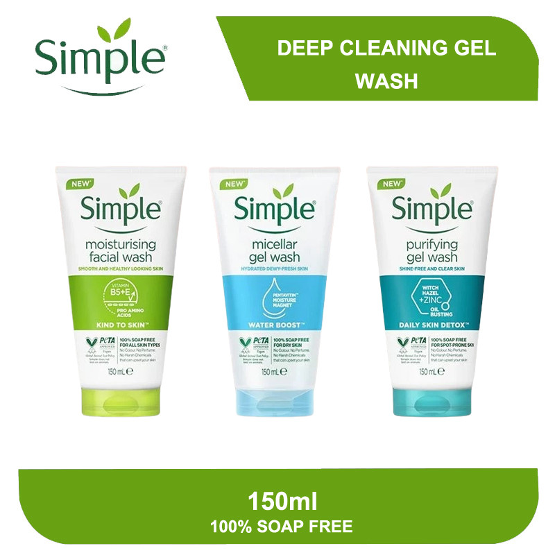 SIMPLE Moisturising Facial /Micellar Gel / Purifying Gel Wash 150ml ...