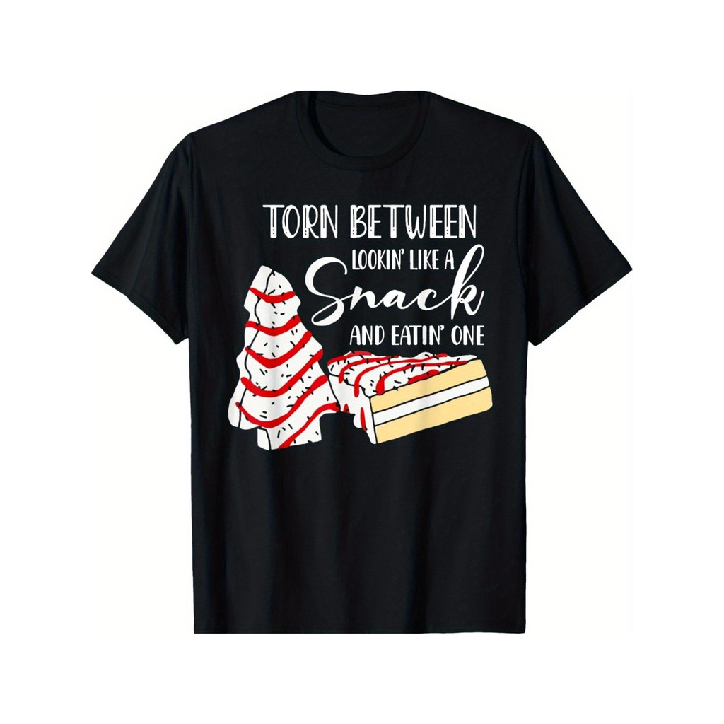 T-Shirt Grafik Pokok Krismas & Kek, Tee Leher Krew Campuran Kapas ...