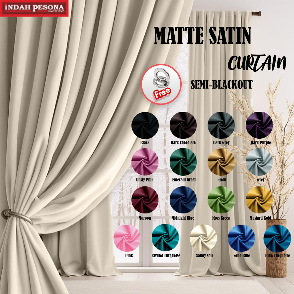 (P2) 17 Warna Matte Satin Melati Langsir RAYA Semi-Blackout Plain Free ...