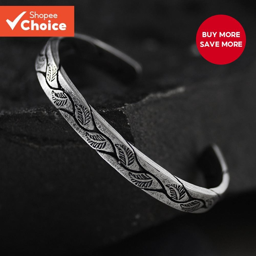 Antique Titanium Stainless Steel Retro Silver Leaf Black Punk Viking ...