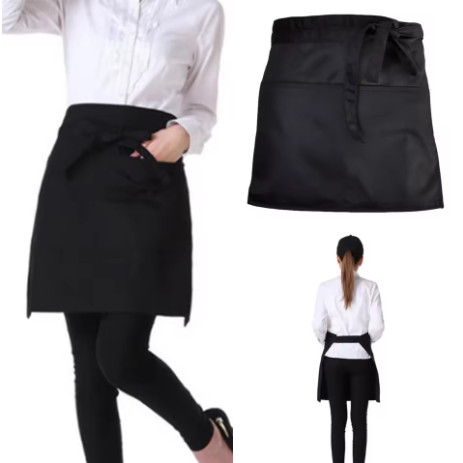 Short Half Waist Apron Black Double Pockets Waterproof Cotton Cloth ...