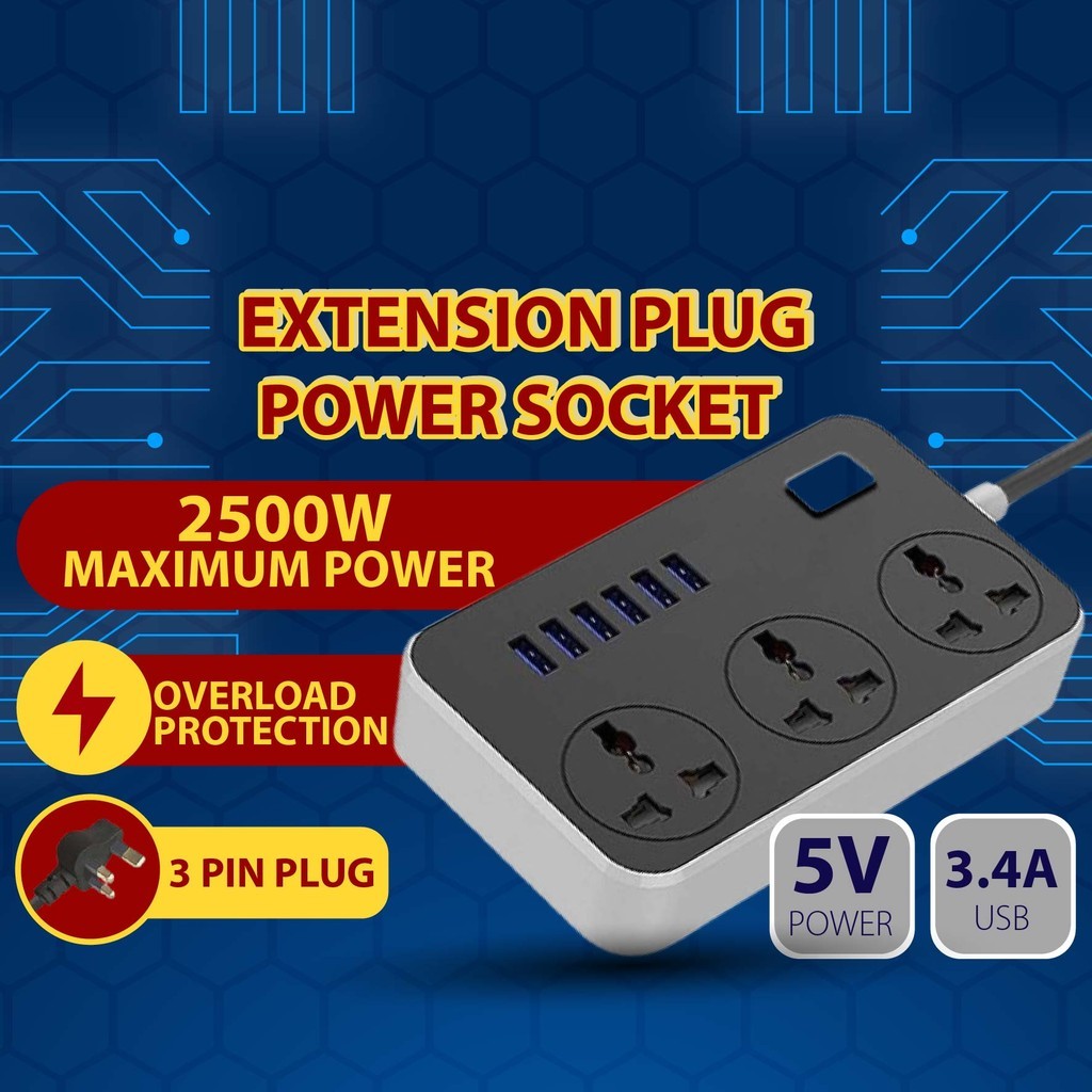 🍋 [2m Cable] 6 USB Pors Univeral Extension Power Socket Plug Extension ...