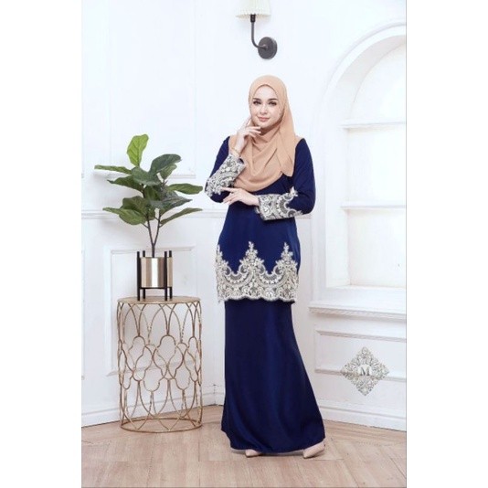 BAJU RAYA 2025 SET COUPLE NAVY BLUE LACE BAJU KURUNG MODEN KEBAYA ...