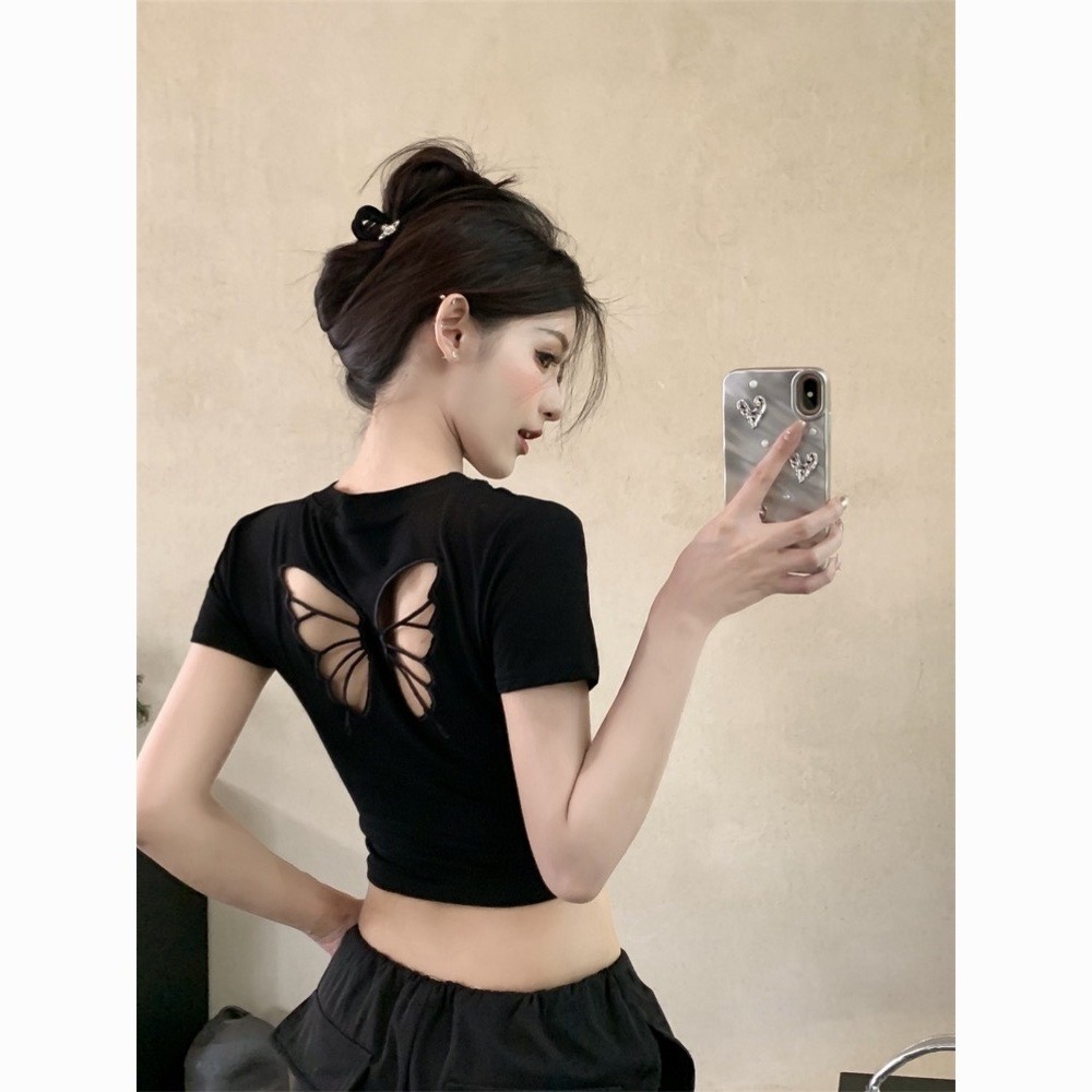 Sparkling Hot Girl Black Butterfly Embroidery Backless Short Sleeve Top ...