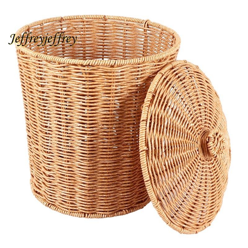 Woven Basket Trash Can Round Rattan Waste Basket with Lid Planter Woven ...
