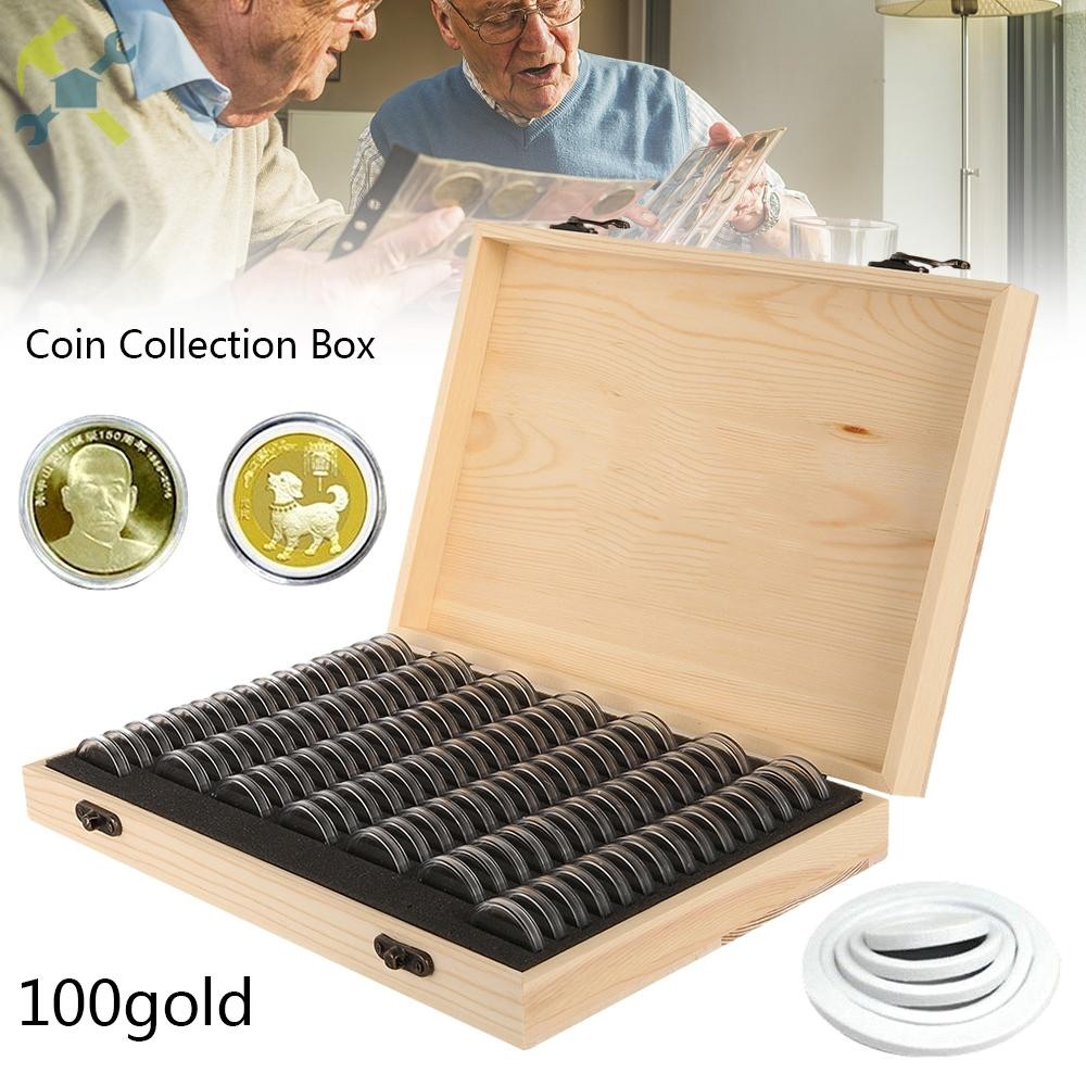 Wooden Coin Storage Box 100-Slot Coin Capsules Universal Coin Case with ...