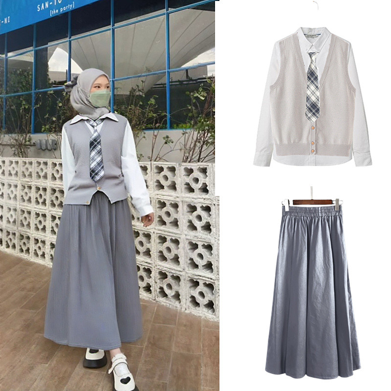 Muslimah Korean Student Uniform Sets Tie Button Blouse + A-Line Long ...