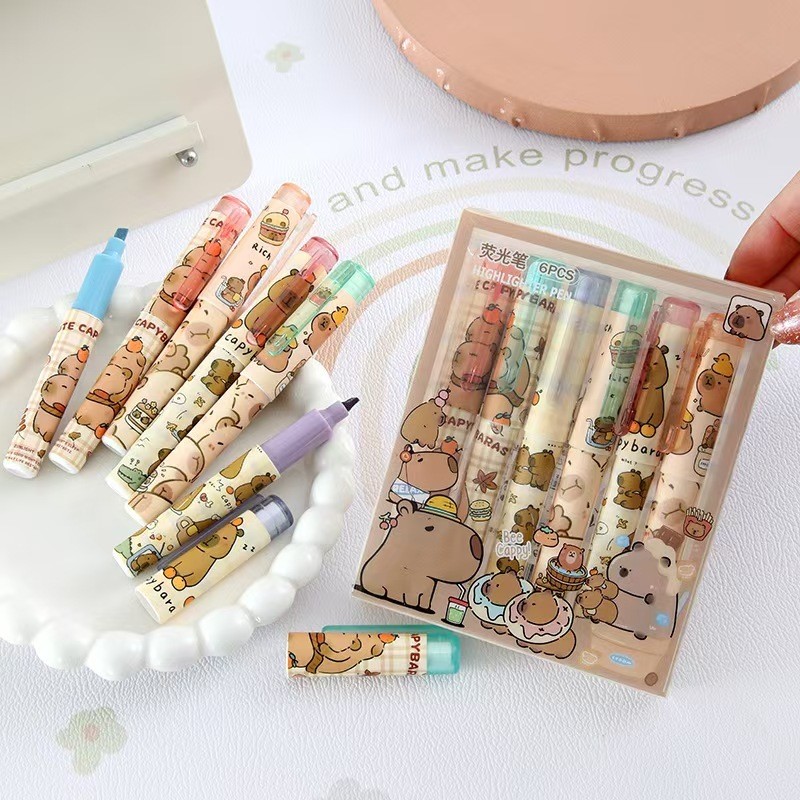 6Pcs/Lot Capybara Cartoon Highlighters Pastel Markers Fluorescent Pen ...