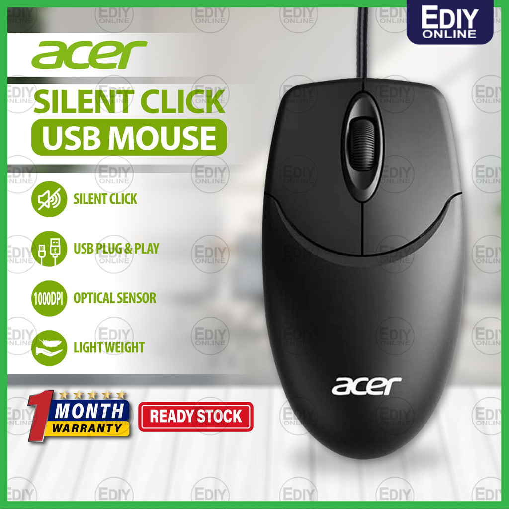 ACER MOUSE WIRED USB SILENT OPTICAL MICE OFFICE DESKTOP COMPUTER LAPTOP ...