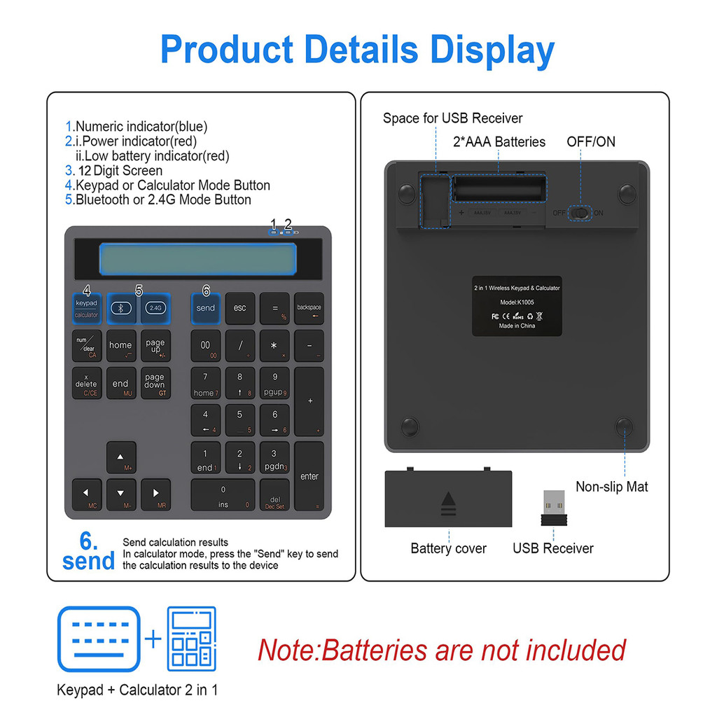 JOMAA Bluetooth 2.4G Wireless Numeric Keyboard with Display Calculator ...