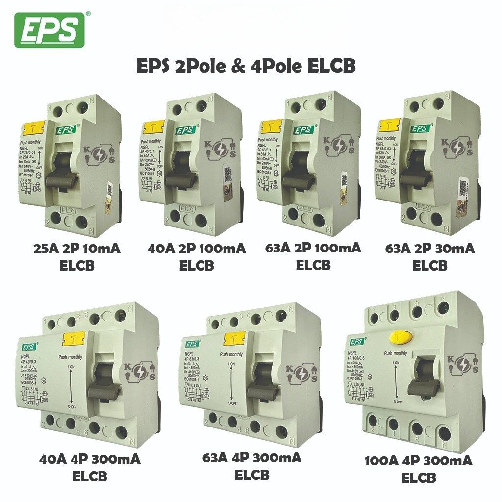 EPS 2Pole 4Pole ELCB RCCB [ 25A/40A/63A/100A ] , ( 10MA/30MA/100MA/300MA ) Residual Current ...