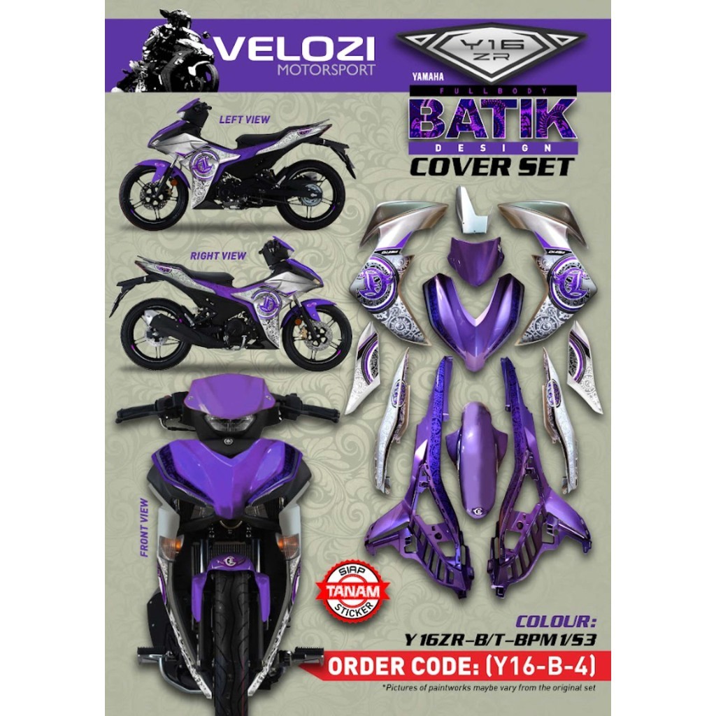 Cover Set VELOZI YAMAHA Y16ZR Y16 Batik Design Purple Silver Sticker ...