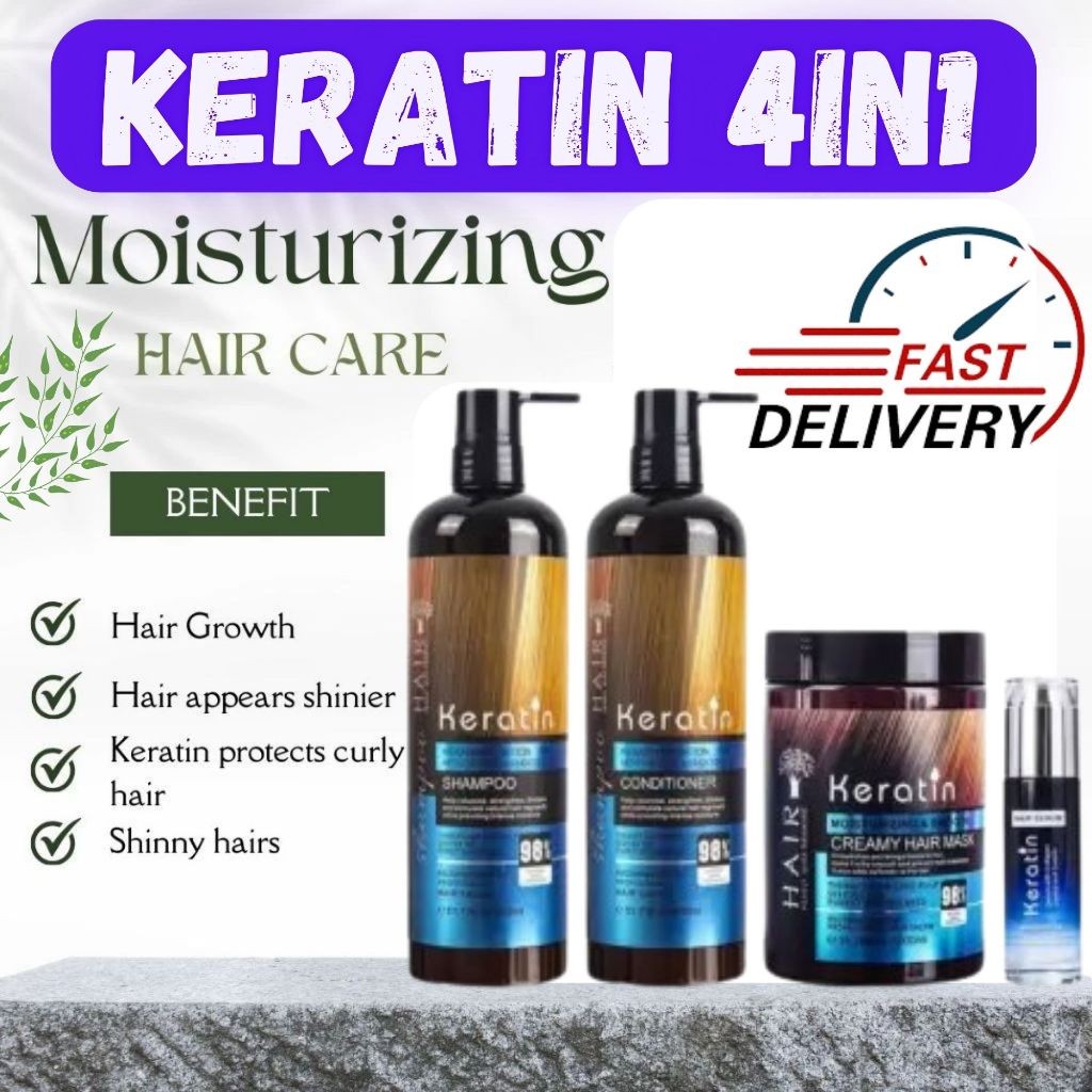 KERATIN 4IN1 SET OF : SHAMPOO, CONDITIONER , HAIR MASK AND HAIR SERUM FOR HAIR RE-GROWTH, ANTI ...
